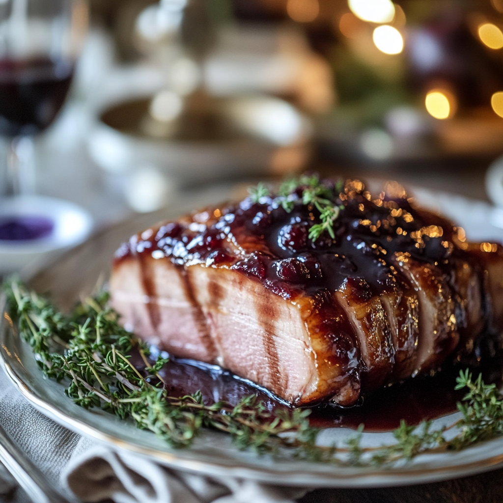 Blueberry Balsamic Glazed Ham With Thyme & Black Pepper